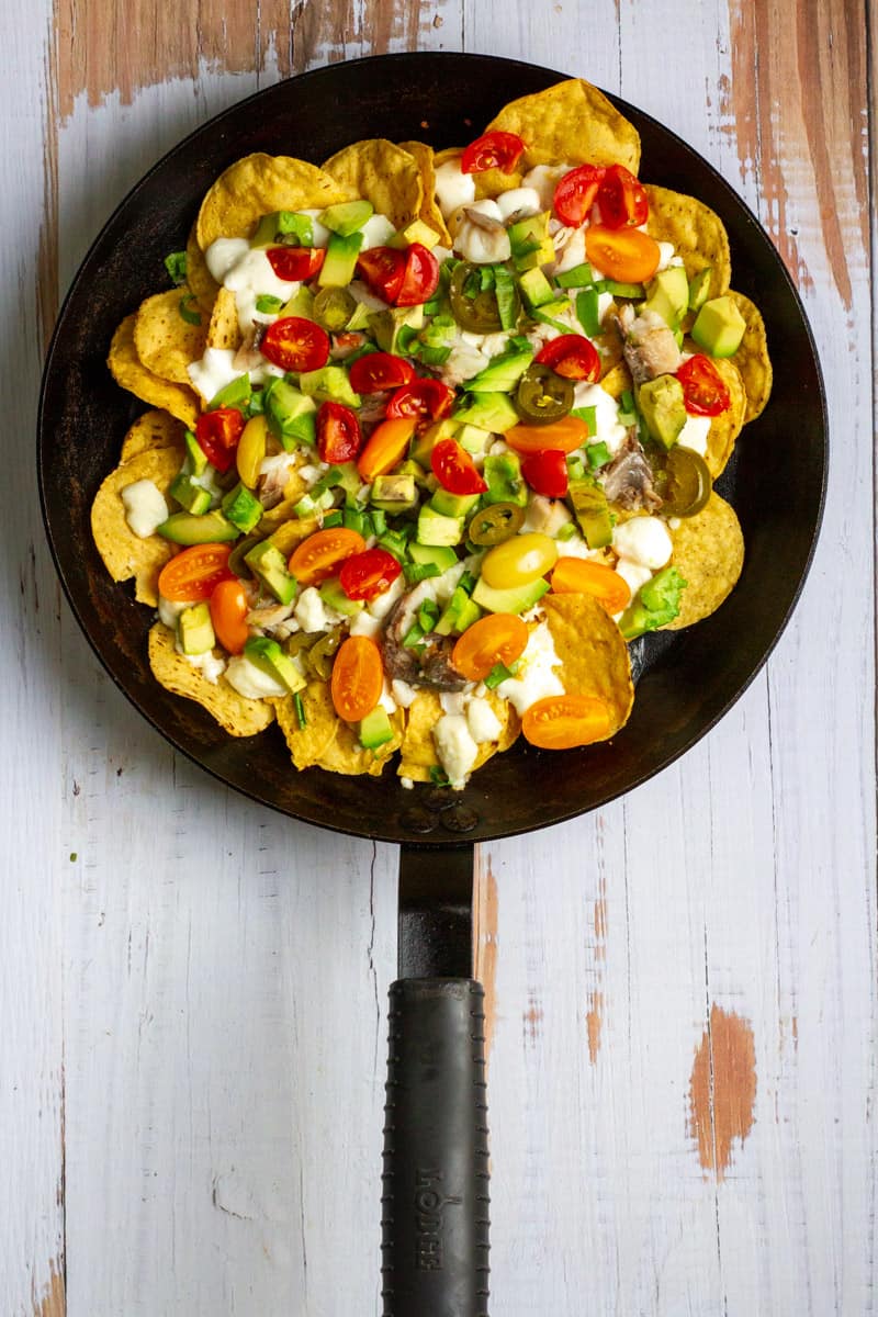 Fish Nachos with White Fish + Garlic Sauce - Champagne Tastes®